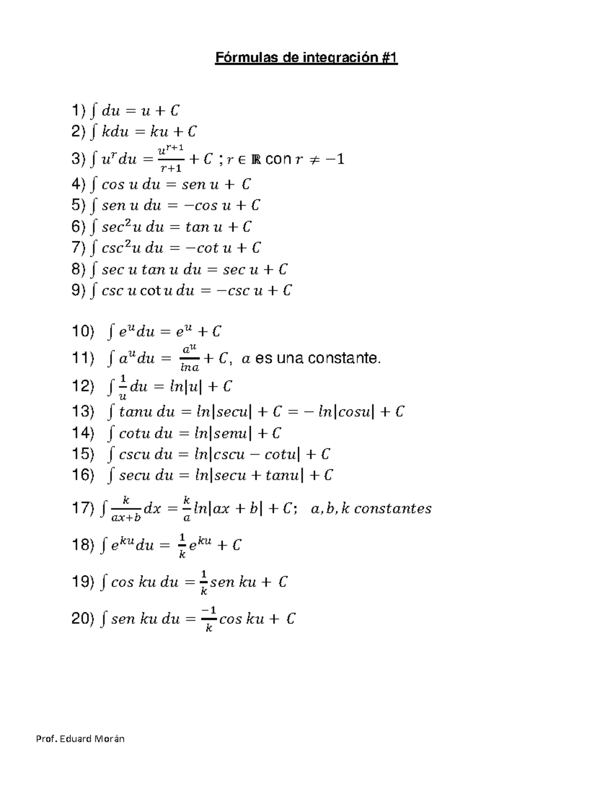 2.Formulas de integracion #1 - Prof. Eduard Morán Fórmulas de ...