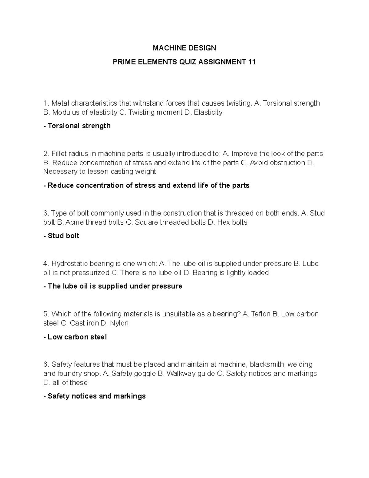 Assign 111 - MACHINE DESIGN PRIME ELEMENTS QUIZ ASSIGNMENT 11 Metal ...