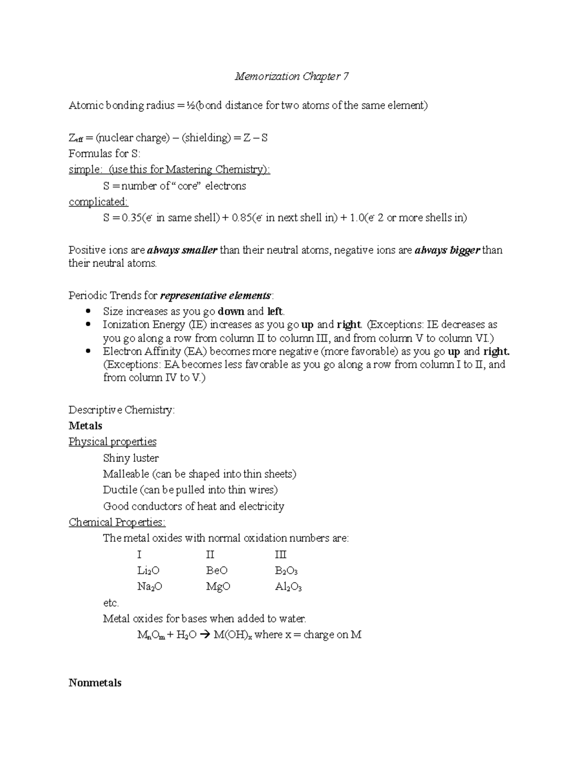 Memorization chapter 7 - Periodic Trends for representative elements ...