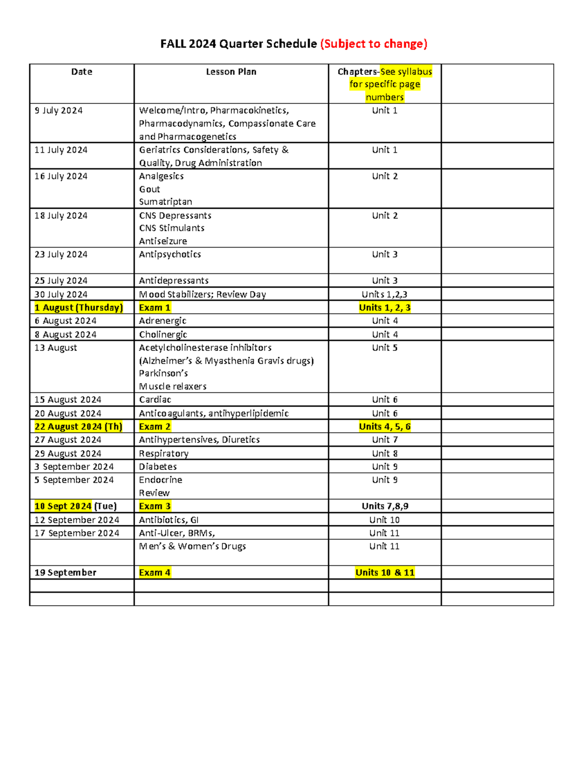 FALL 2024 Quarter Schedule - FALL 2024 Quarter Schedule (Subject to change) Date Lesson Plan ...