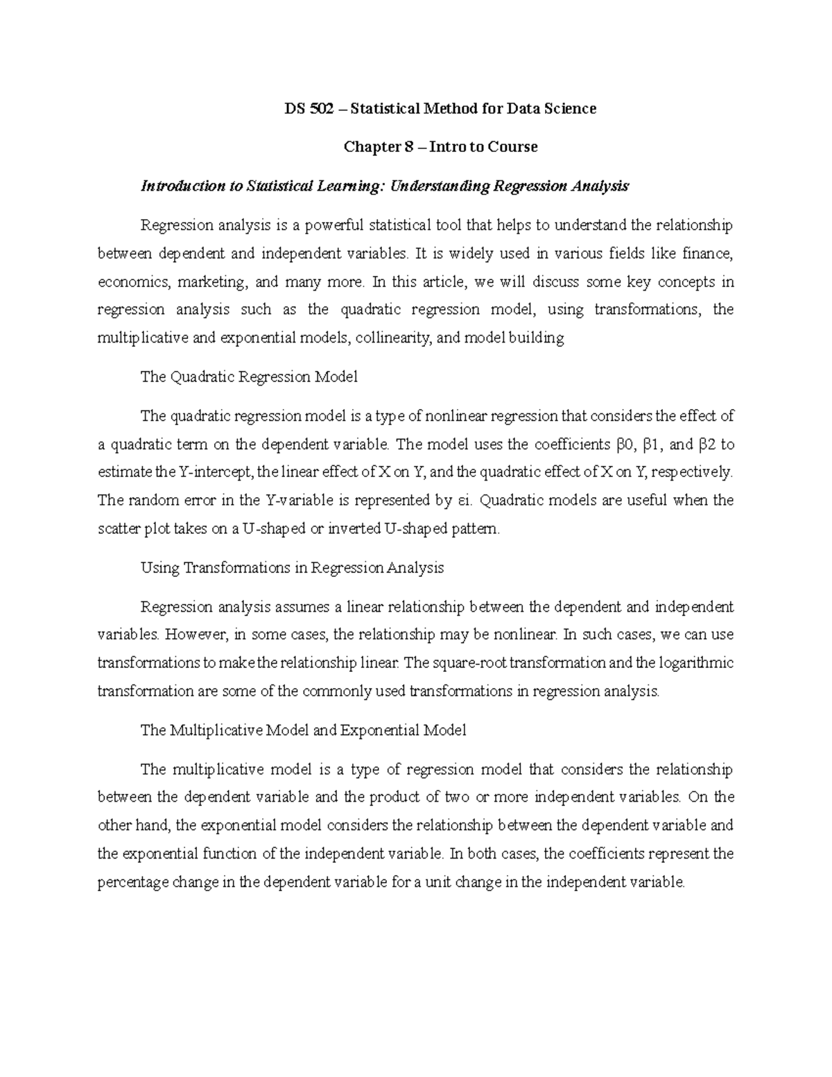DS 502 - Summary Chapter 8 - Intro to Statistical Learning - DS 502 – Statistical Method for ...