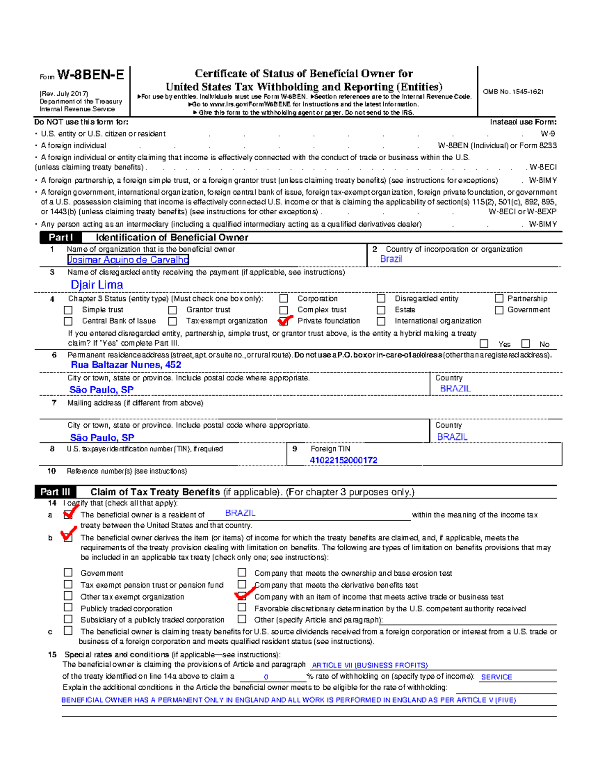W8 - OKDASADASD fmt - Form W-8BEN-E (Rev. July 2017) Department of the ...