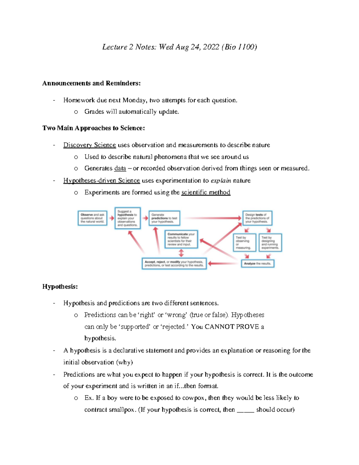 Bio 1100 Lecture Notes Aug 24th - Lecture 2 Notes: Wed Aug 24, 2022 ...