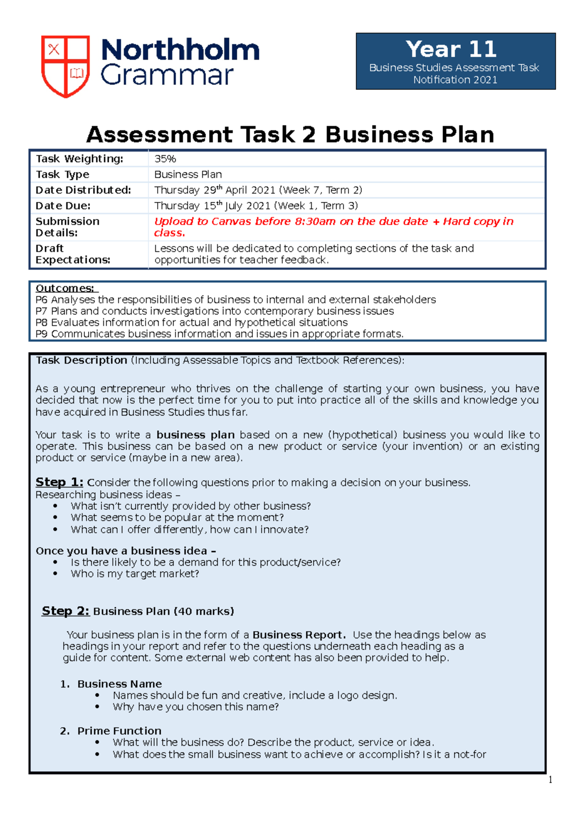 2021 11BUS AT2 Notification Business Plan - Assessment Task 2 Business ...