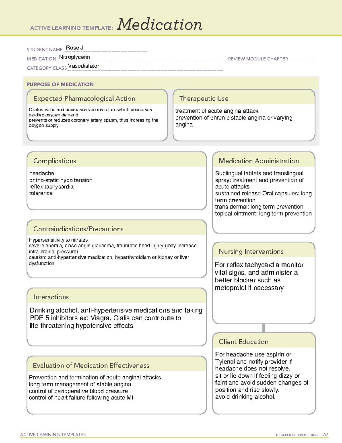 ATI Med card Nitro - system disorder notes and drug cards for drugs ...