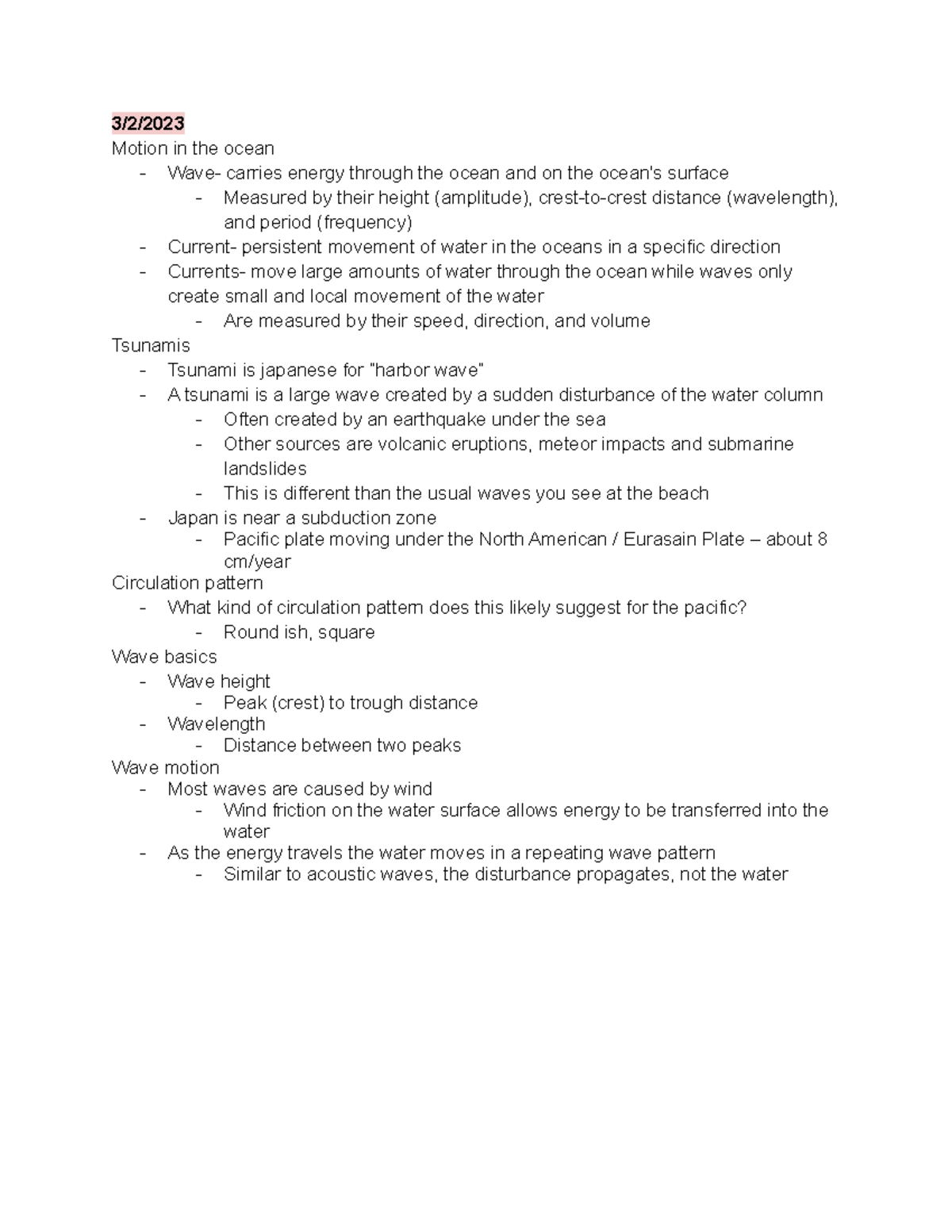 OCG 111- Week 6 - Lecture Notes - 3/2/ Motion in the ocean Wave ...