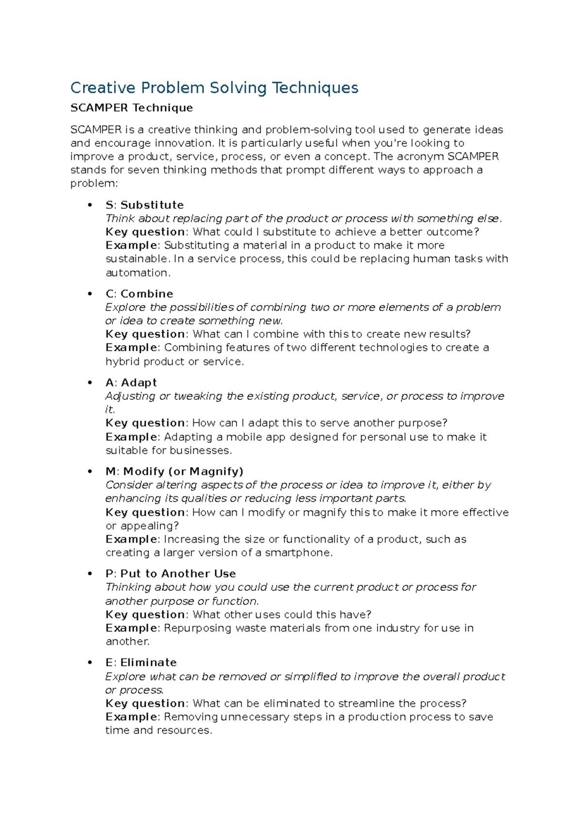 Creative Problem Solving Techniques Creative Problem Solving Techniques Scamper Technique