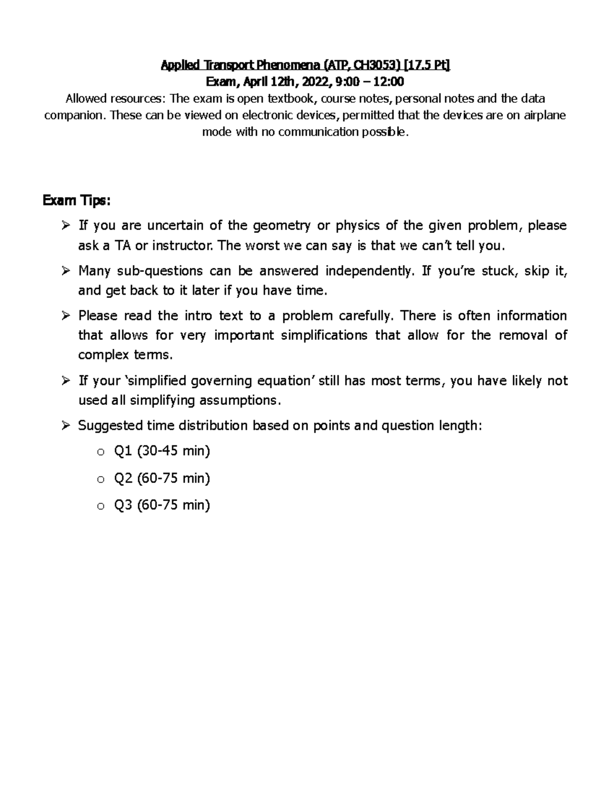 ATP 2021 2022 Exam - Resit - Applied Transport Phenomena (ATP, CH3 053 ...