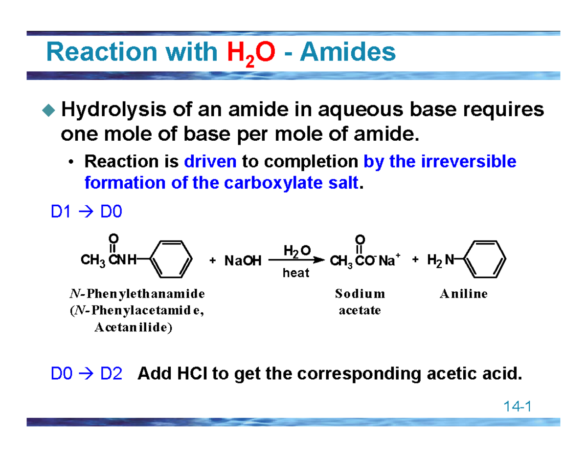 Lecture 14s Ch18 2023S - Reaction with H 2 O - Amides Hydrolysis of an ...