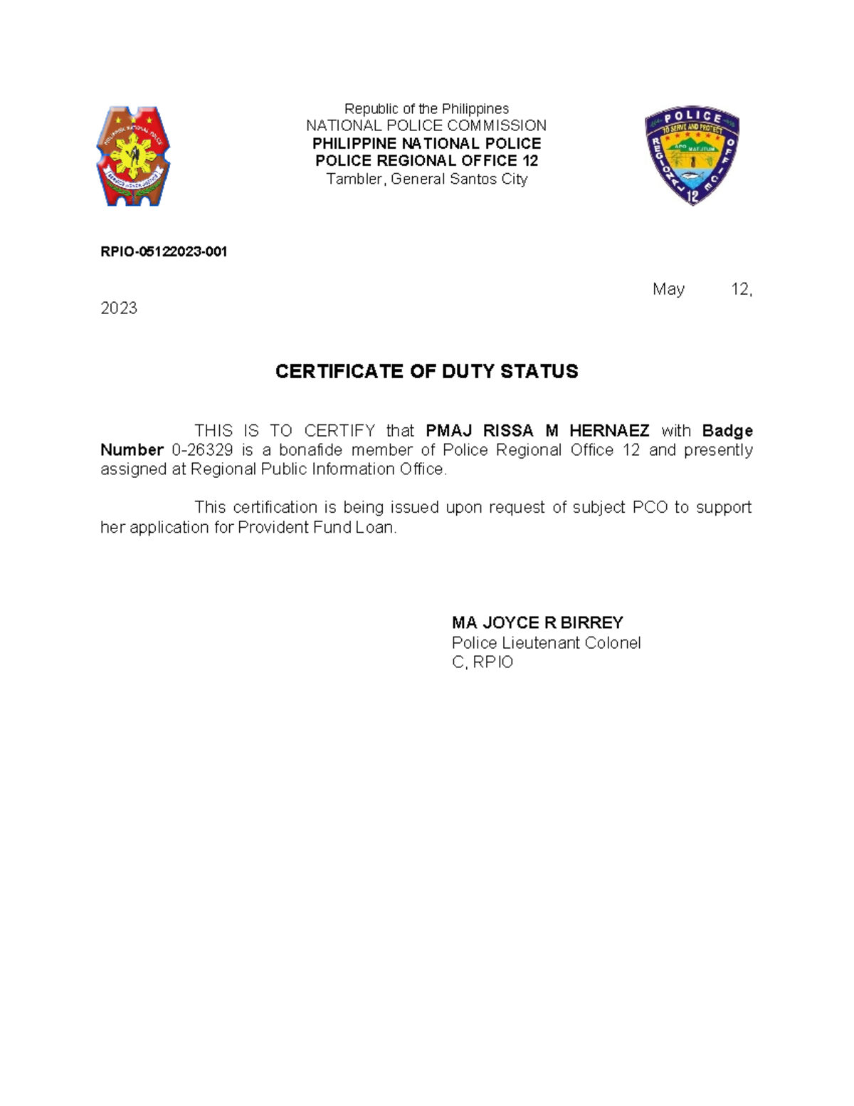 Duty Status - file - Republic of the Philippines NATIONAL POLICE ...