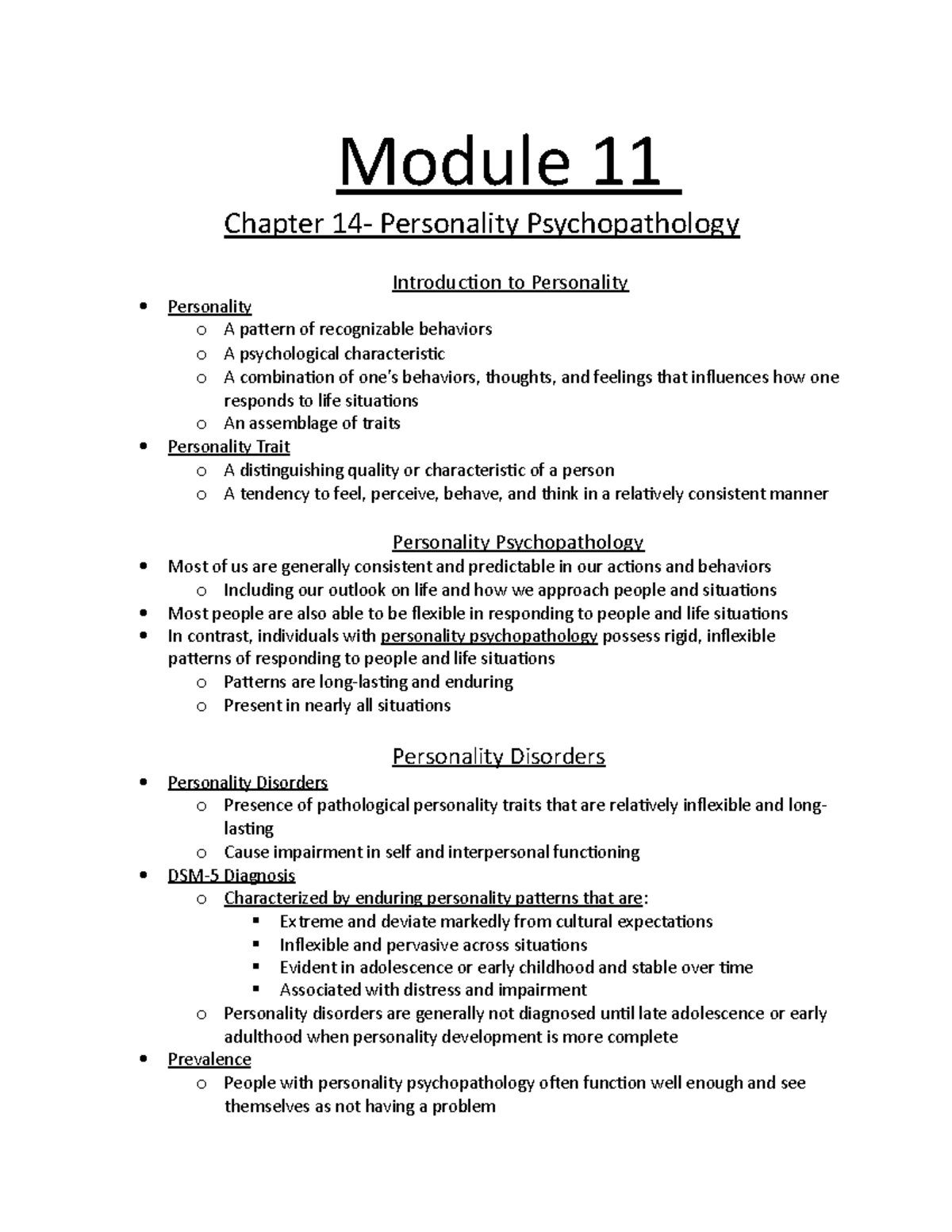 Chapter 14 Abnormal Psychology - Module 11 Chapter 14- Personality ...