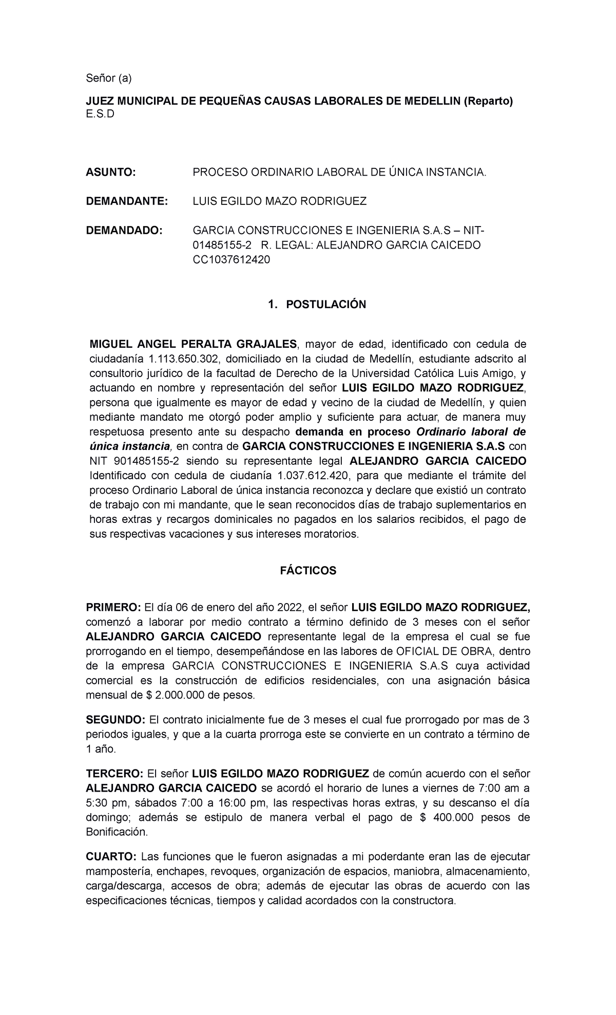 Demanda ORD-LAB-UI-LUIS Egildo MAZO Rodriguez - Señor (a) JUEZ ...