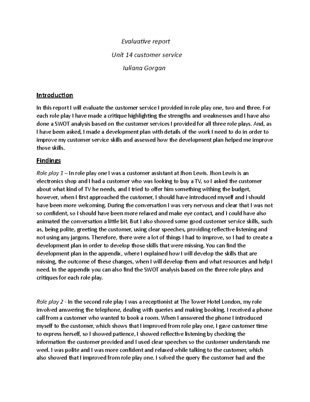Evaluative report Unit 14 customer service - Evaluative report Unit 14 ...