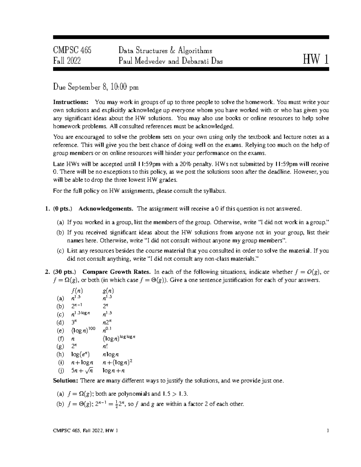 Hw1-sol - Assignments - CMPSC 465 Data Structures & Algorithms Fall 2022 Paul Medvedev and - Studocu
