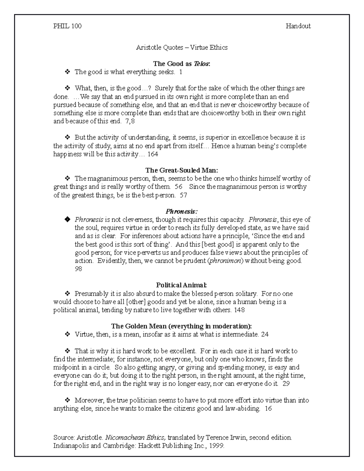 Aristotle Virtue Ethics - PHIL 100 Handout Aristotle Quotes Virtue ...
