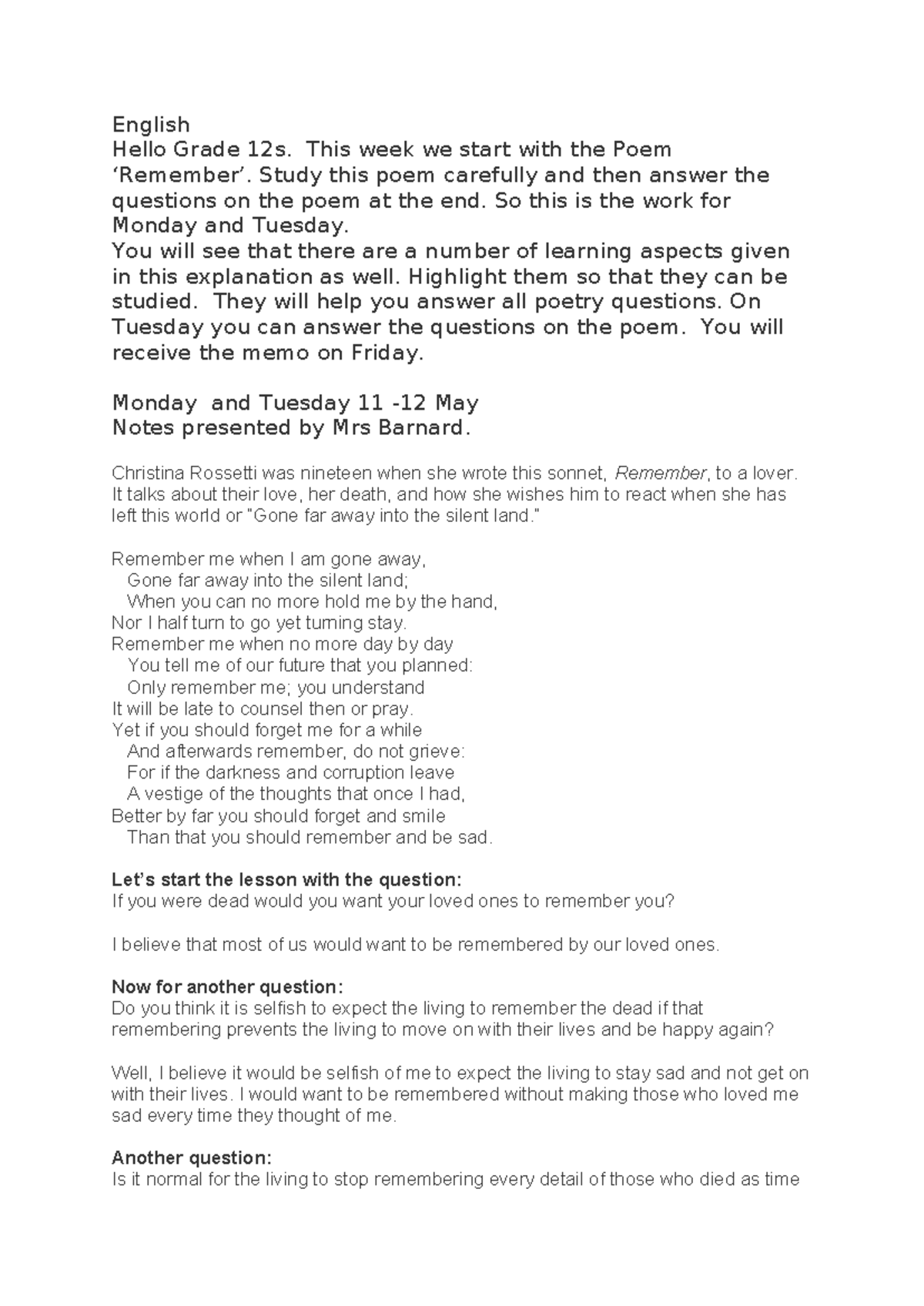 Remember lesson and questions - English Hello Grade 12s. This week we ...