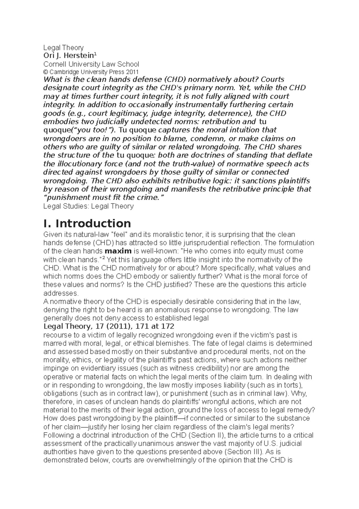 A Normative Theory of the Clean Hands Defense - Legal Theory Ori J ...