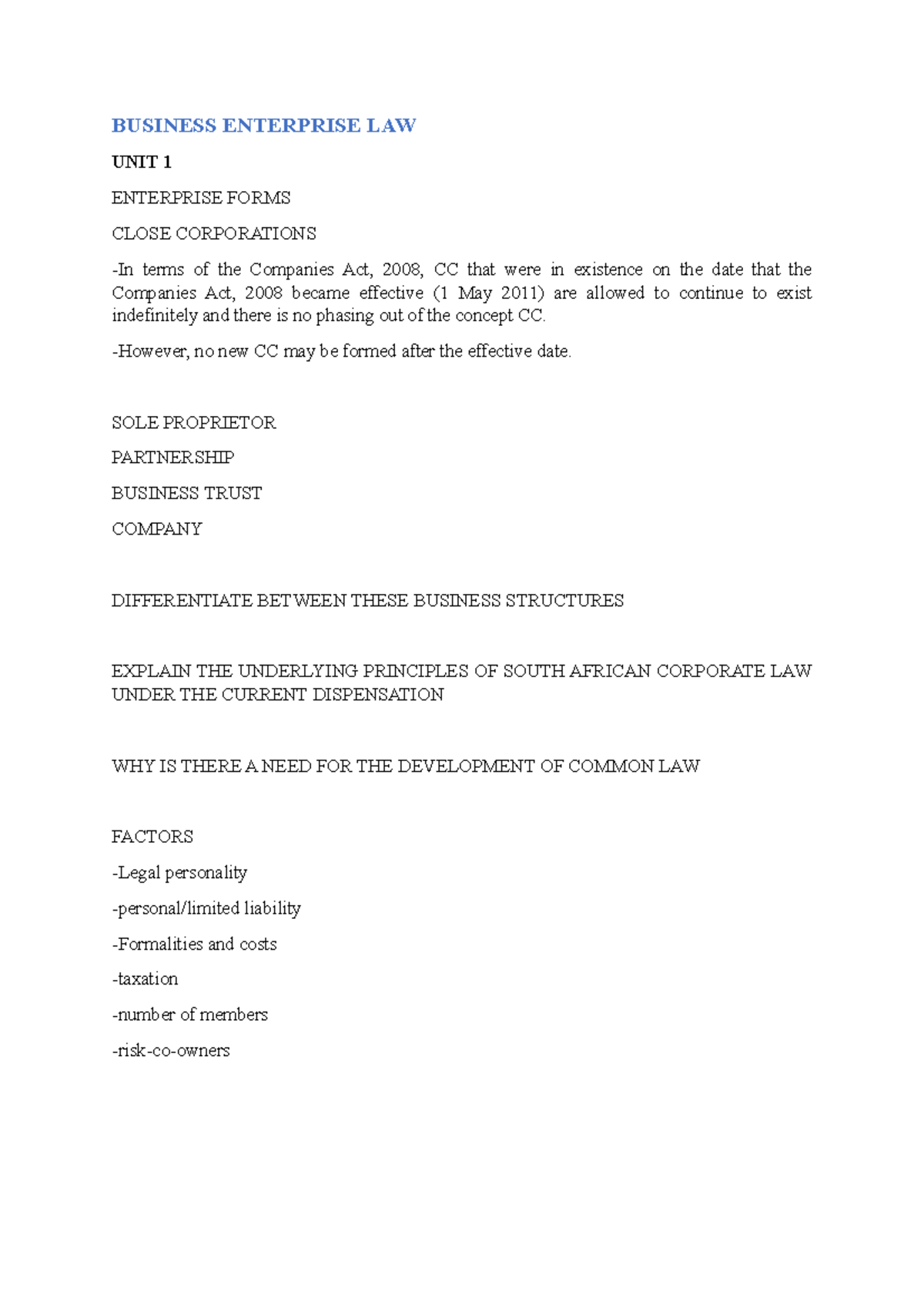 Business Enterprises Law - BUSINESS ENTERPRISE LAW UNIT 1 ENTERPRISE ...