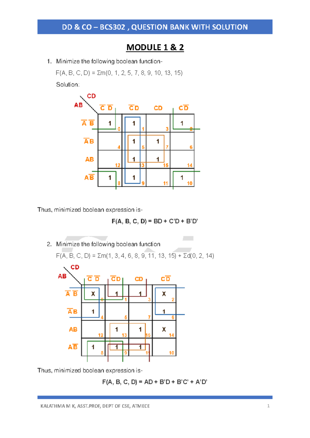 DD&C0 BCS302 Question BANK WITH Solution - MODULE 1 & 2 1. Minimize the following boolean - Studocu
