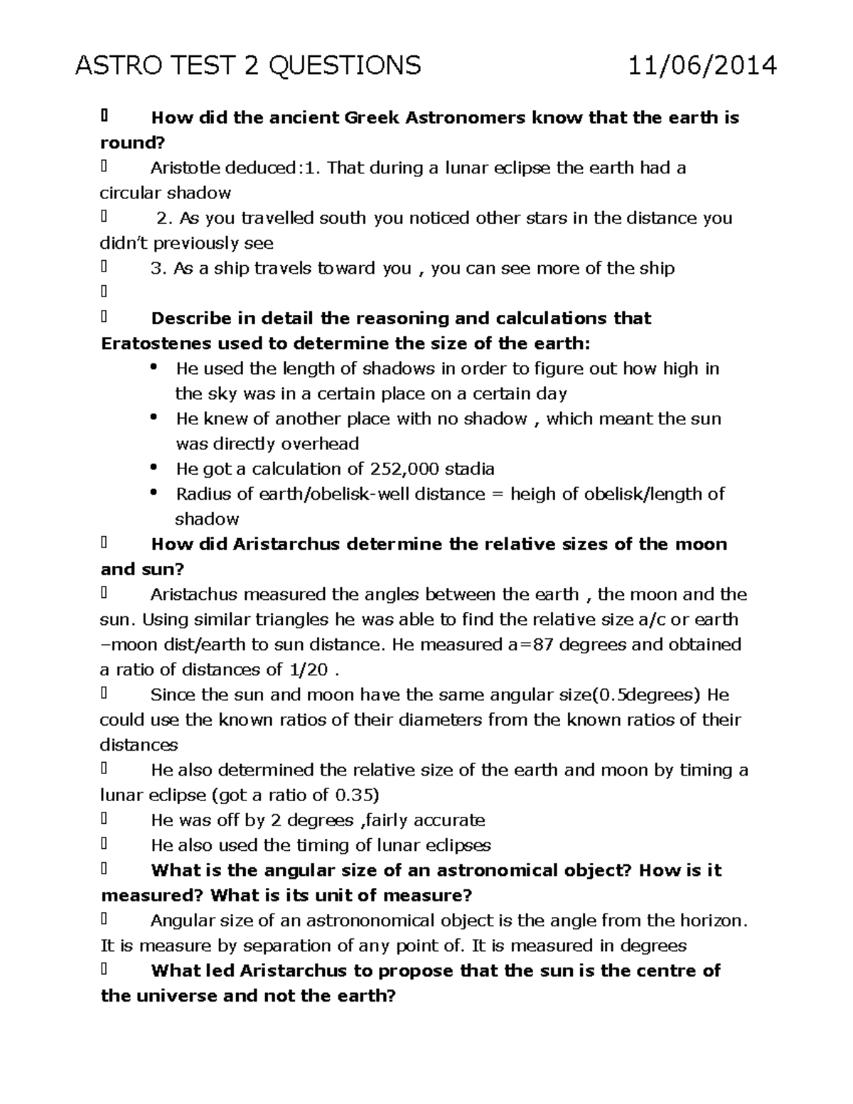 Astro TEST 2 Questions - ASTRO TEST 2 QUESTIONS How did the ancient ...