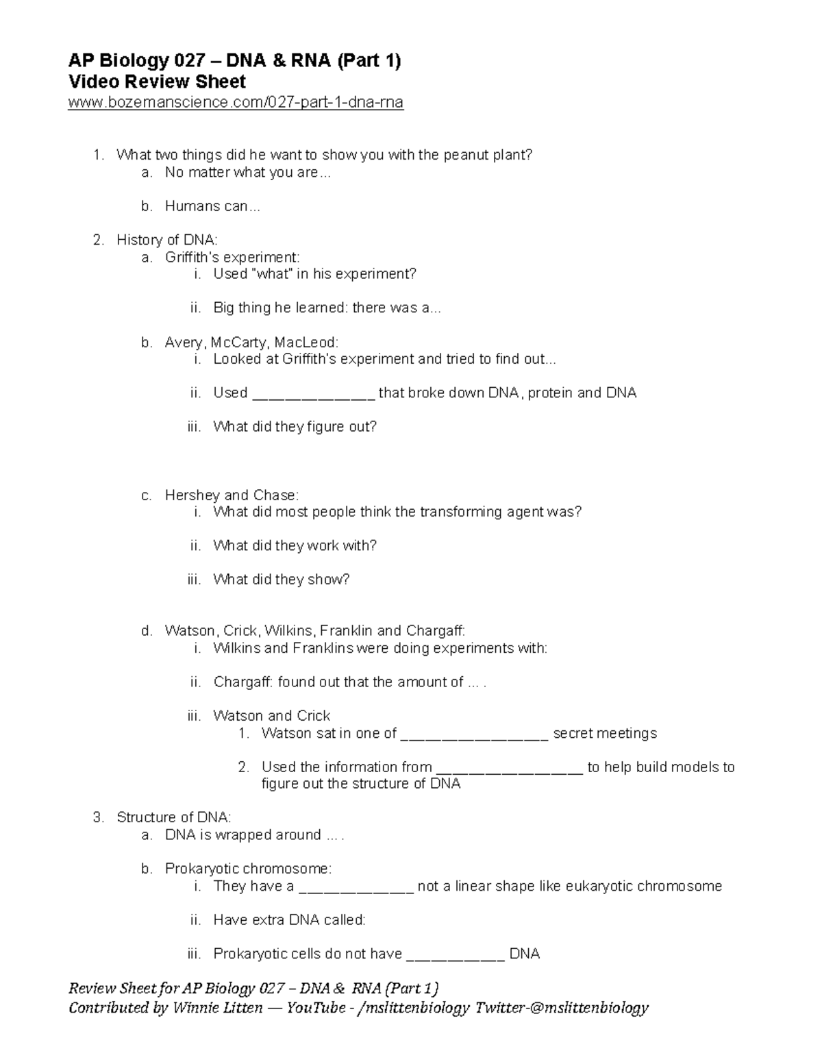 DNA+&+RNA+(Part+1)+Worksheet-WL - Review Sheet for AP Biology 027 – DNA ...
