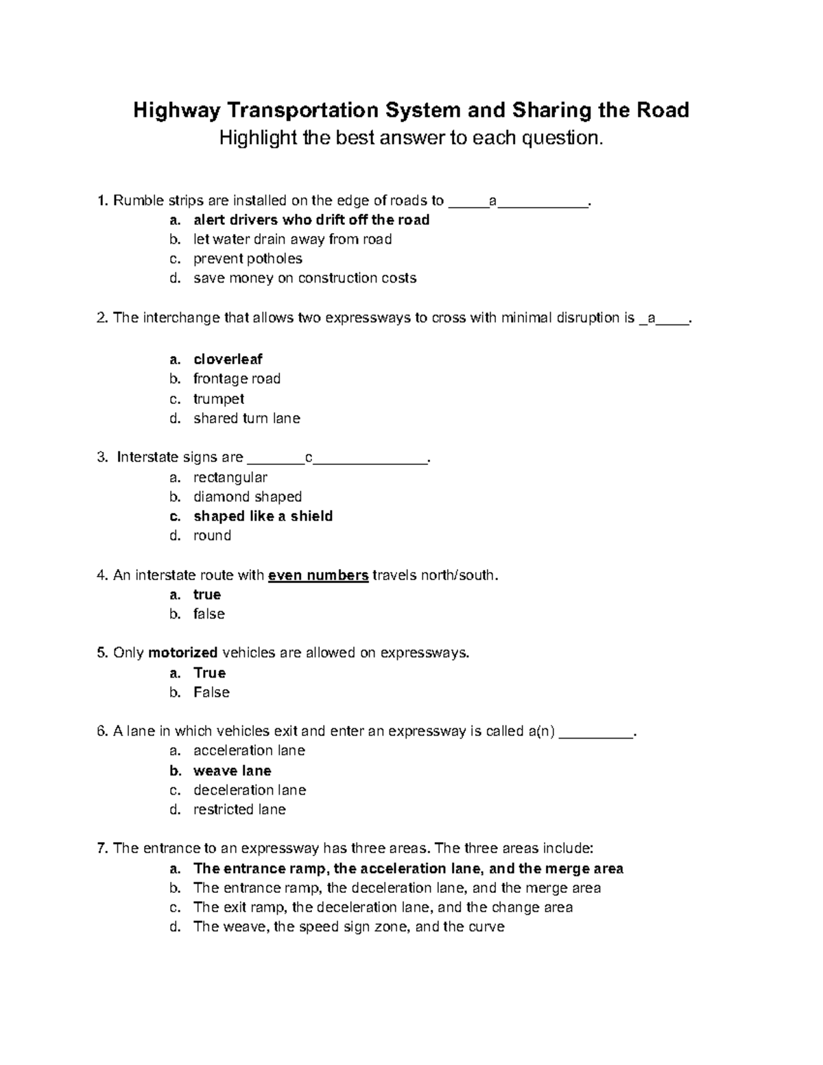 HTS and Sharing the Road Quiz - Highway Transportation System and Sharing the Road Highlight the ...
