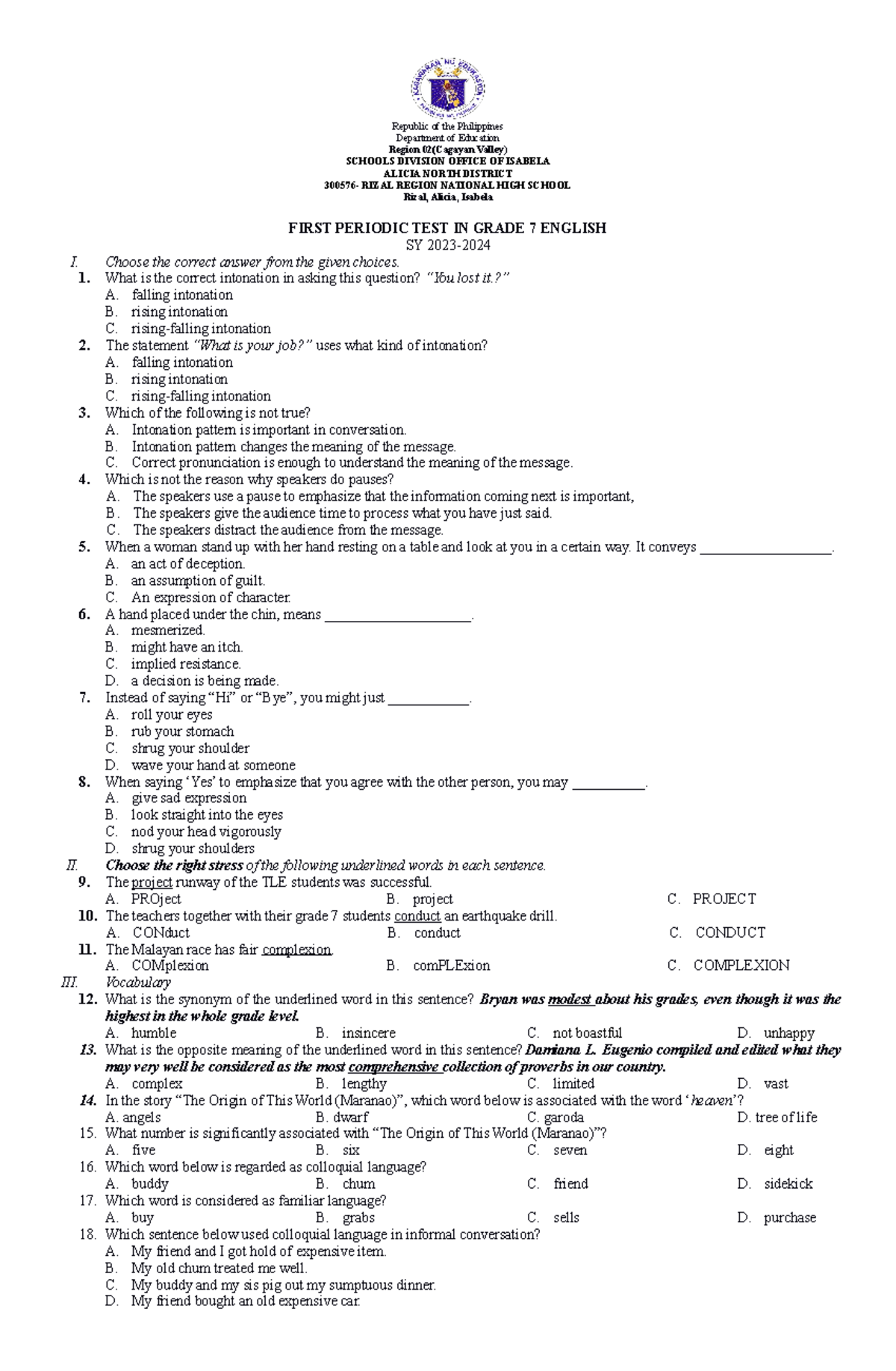 Quarter 1 EXAM English 7 2023-2024 - Republic of the Philippines ...