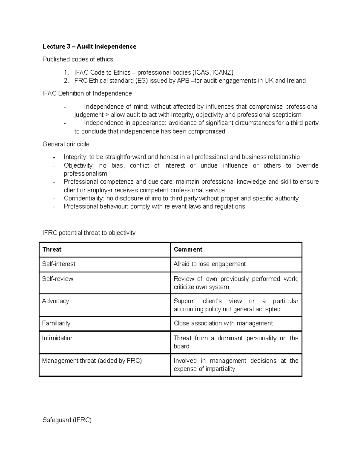 Audit Revision Notes - Lecture 3 Audit Independence Published codes of ...