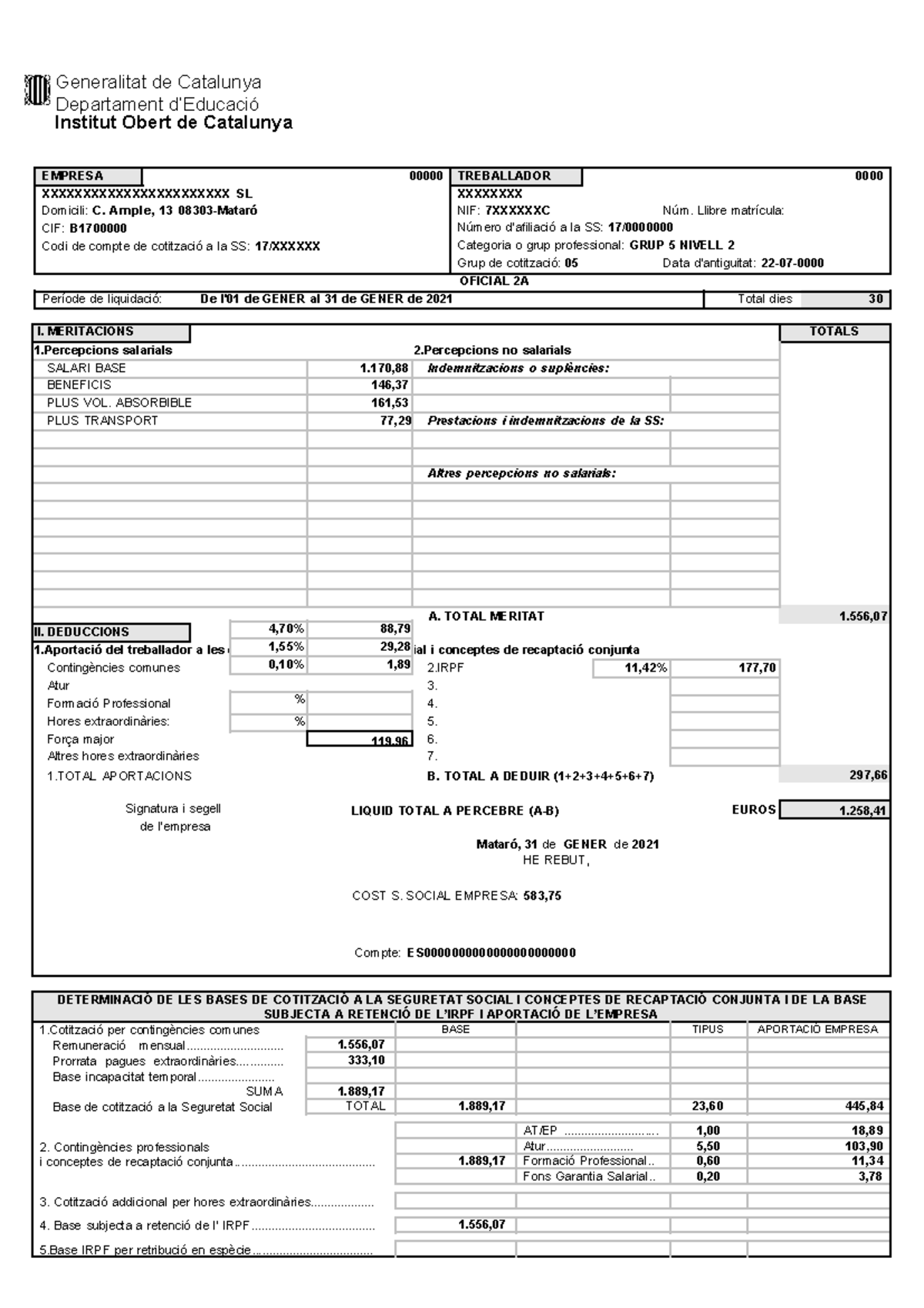 Exemple Full Salari Nòmina 2021 - Generalitat de Catalunya Departament ...