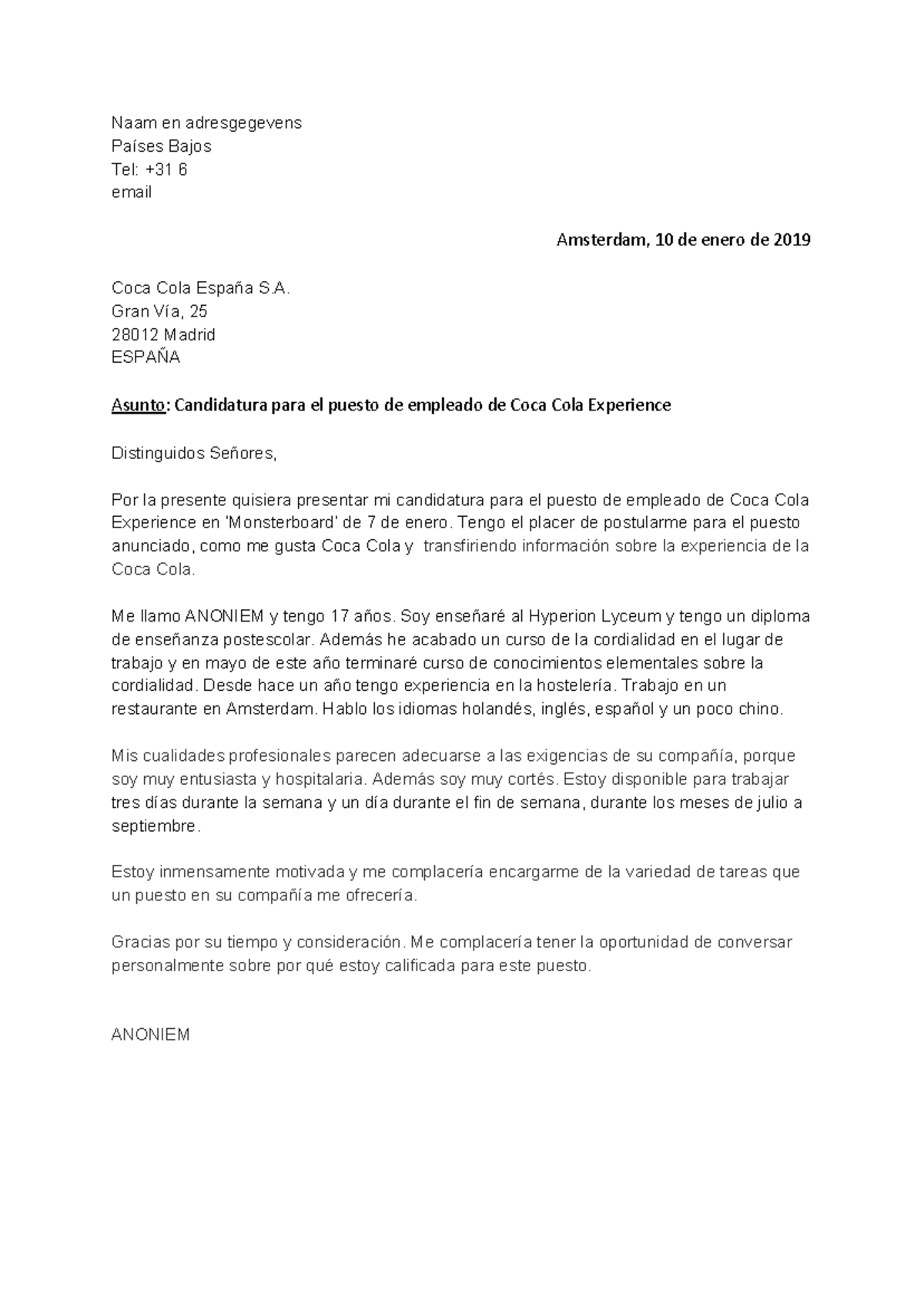 Officiële brief Spaans - Naam en adresgegevens Países Bajos Tel: +31 6 ...