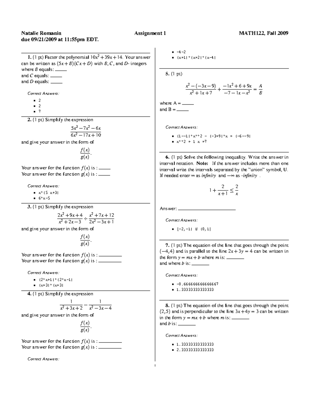 Webwork-2 - some useful practice calculus problems - Natalie Romanin Assignment 1 MATH122, Fall ...