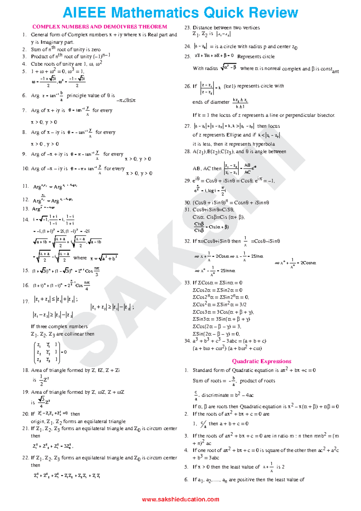Maths formula sheet - SAKSHI COMPLEX NUMBERS AND DEMOIVRES THEOREM ...