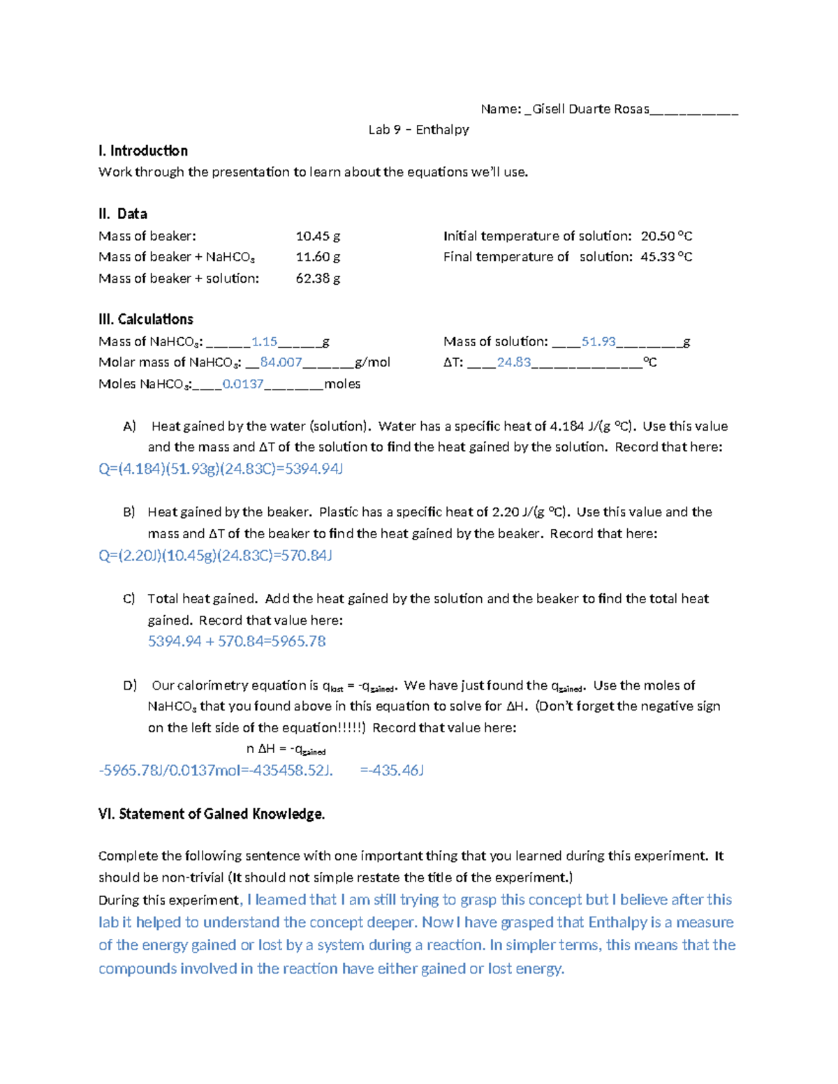 Lab 9 - Enthalpy handout - Name: Gisell Duarte Rosas___________ Lab 9 – Enthalpy I. Introduction ...
