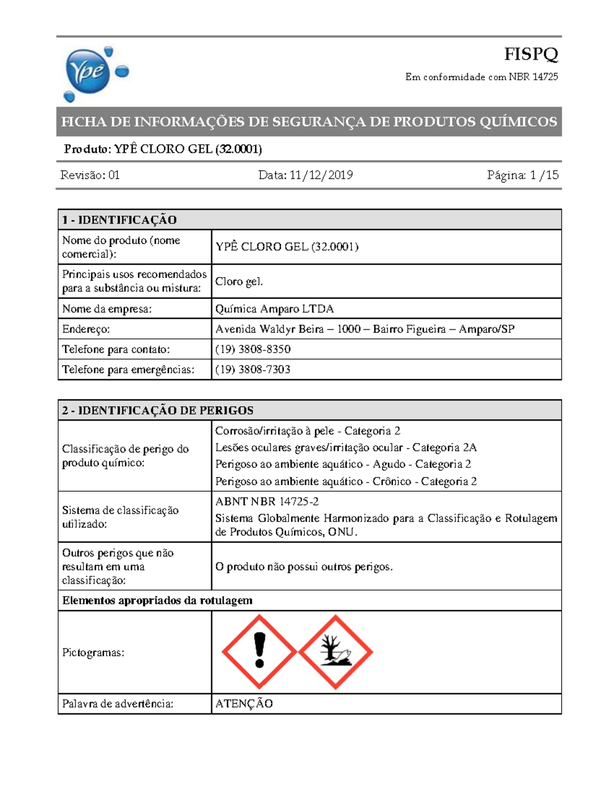 Fispq YPE Cloro Ativo 2 - Em conformidade com NBR 14725 FICHA DE ...