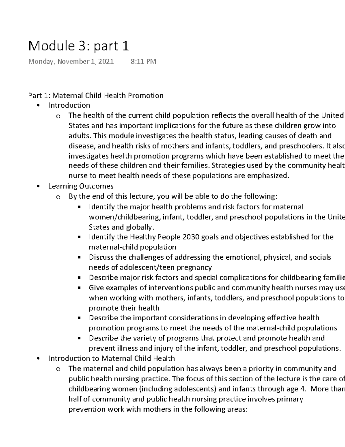 Module 3 part 1 - Spring 2022 - Part 1: Maternal Child Health Promotion ...