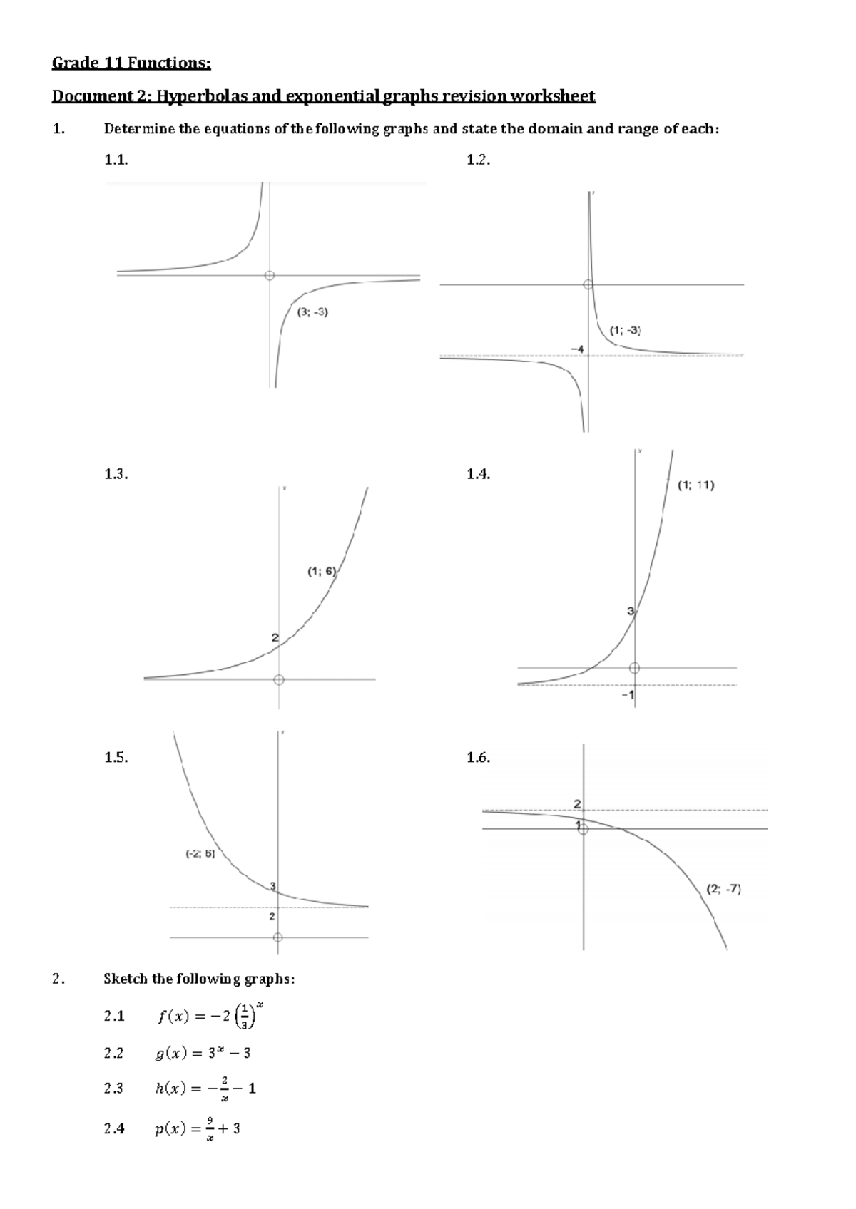 Document 2 Hyperbolas and exponential graphs revision worksheet - Grade 11 Functions: Document 2 ...