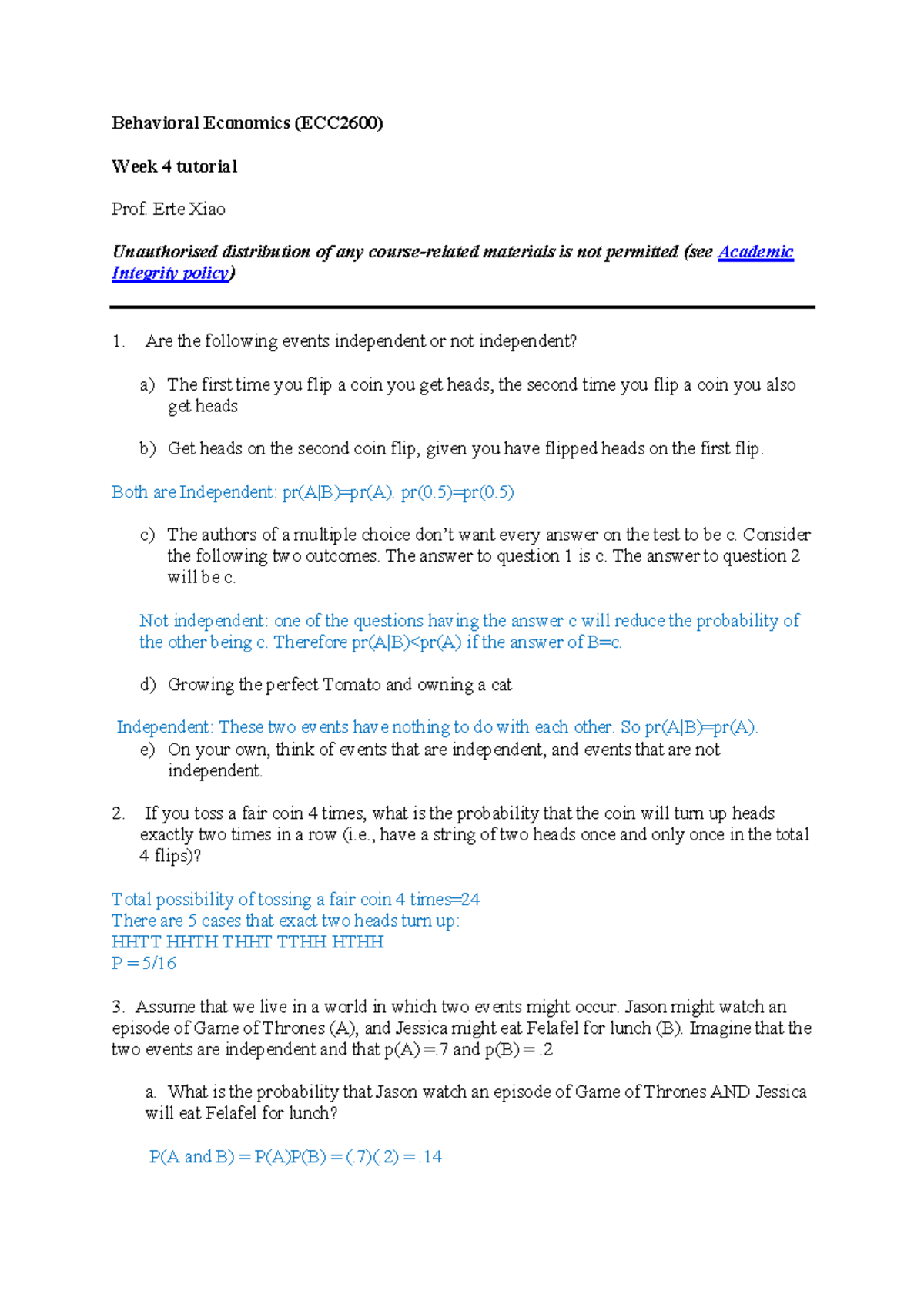Tutorial 4 Answer sheet - Behavioral Economics (ECC2600) Week 4 ...