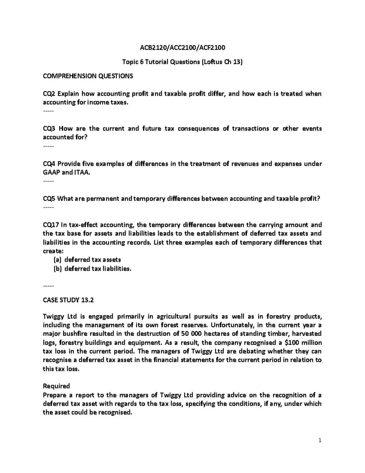 Topic 6 Tutorial Questions - ACB2120/ACC2100/ACF Topic 6 Tutorial ...