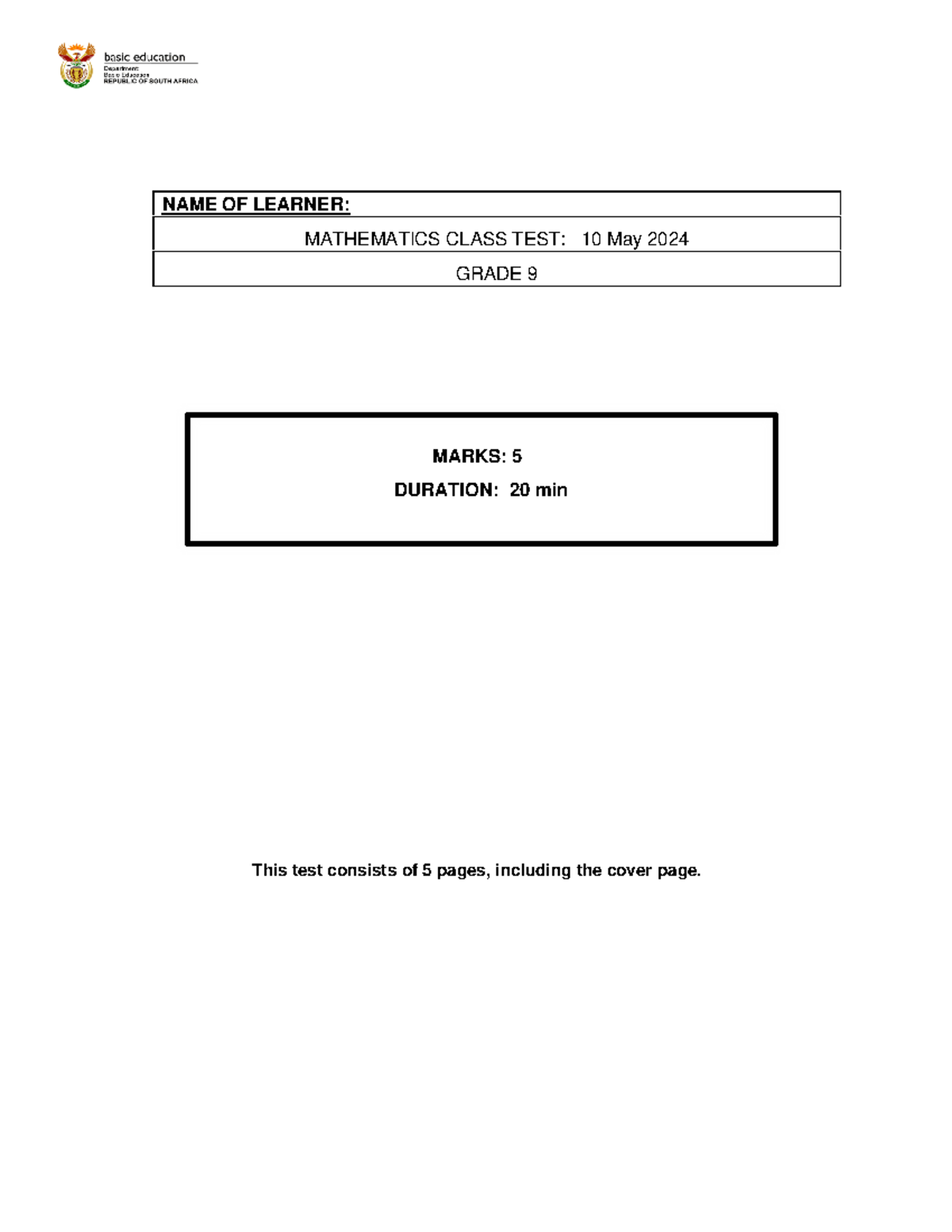 Grade 9 Test 24 May 2024 - Test - NAME OF LEARNER: MATHEMATICS CLASS ...