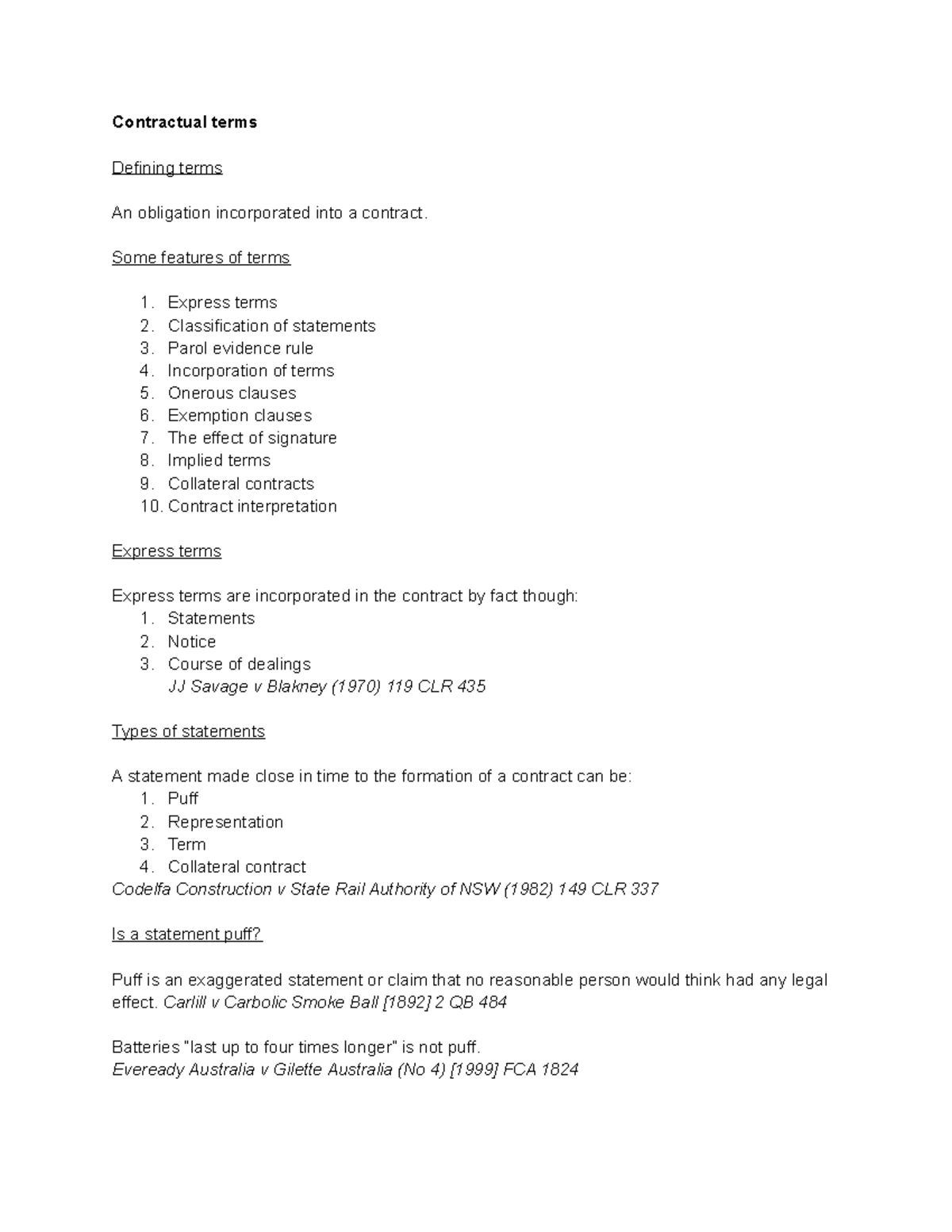 Contractual terms in contract law - Contractual terms Defining terms An ...