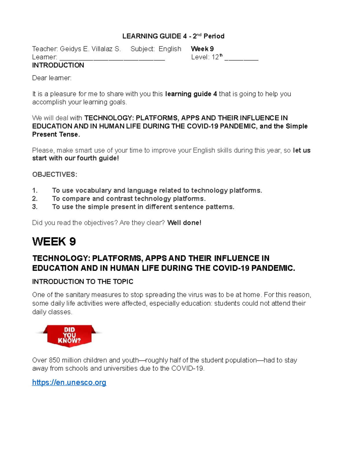 Twelfth Grade Learning Guide 4 Week 9 2022 2T - LEARNING GUIDE 4 - 2nd ...