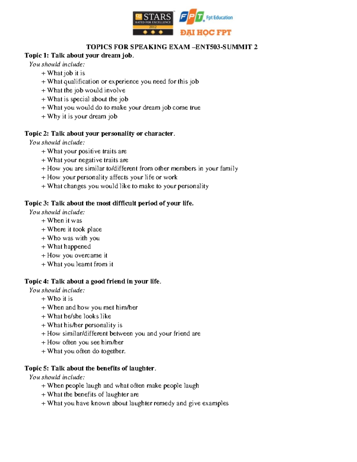 6 ENT503 Topics for speaking exam - TOPICS FOR SPEAKING EXAM –ENT503 ...