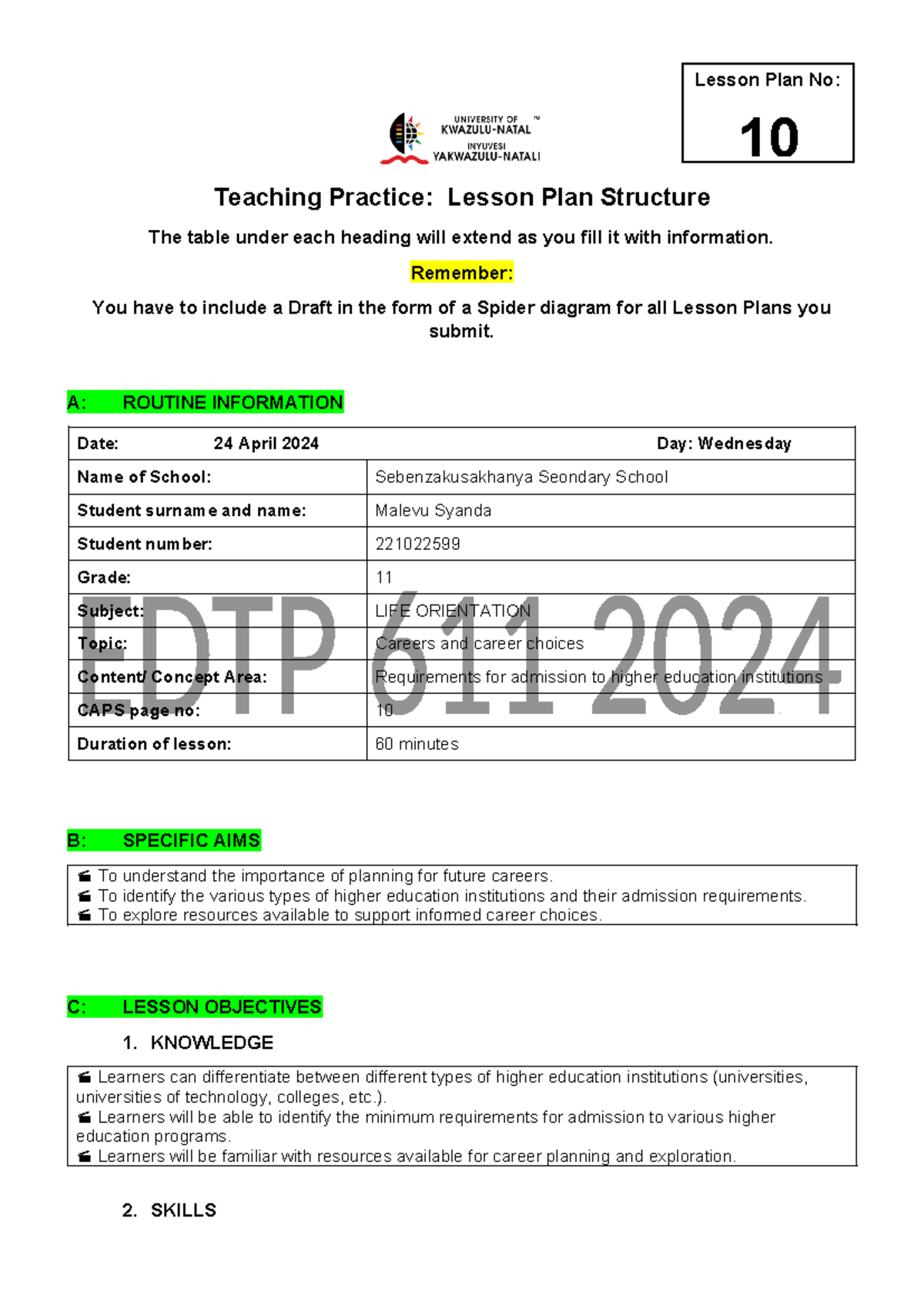 Lesson PLAN L.O 5 - ENGLISH FAL - Teaching Practice: Lesson Plan ...