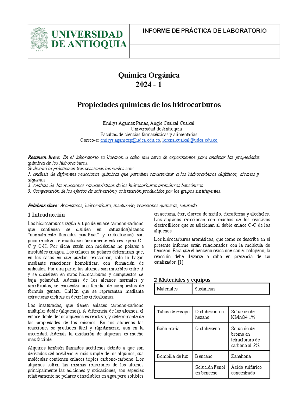 Formato Informe de pr ctica de laboratorio Ude A - Química Orgánica 2024 - 1 Propiedades ...