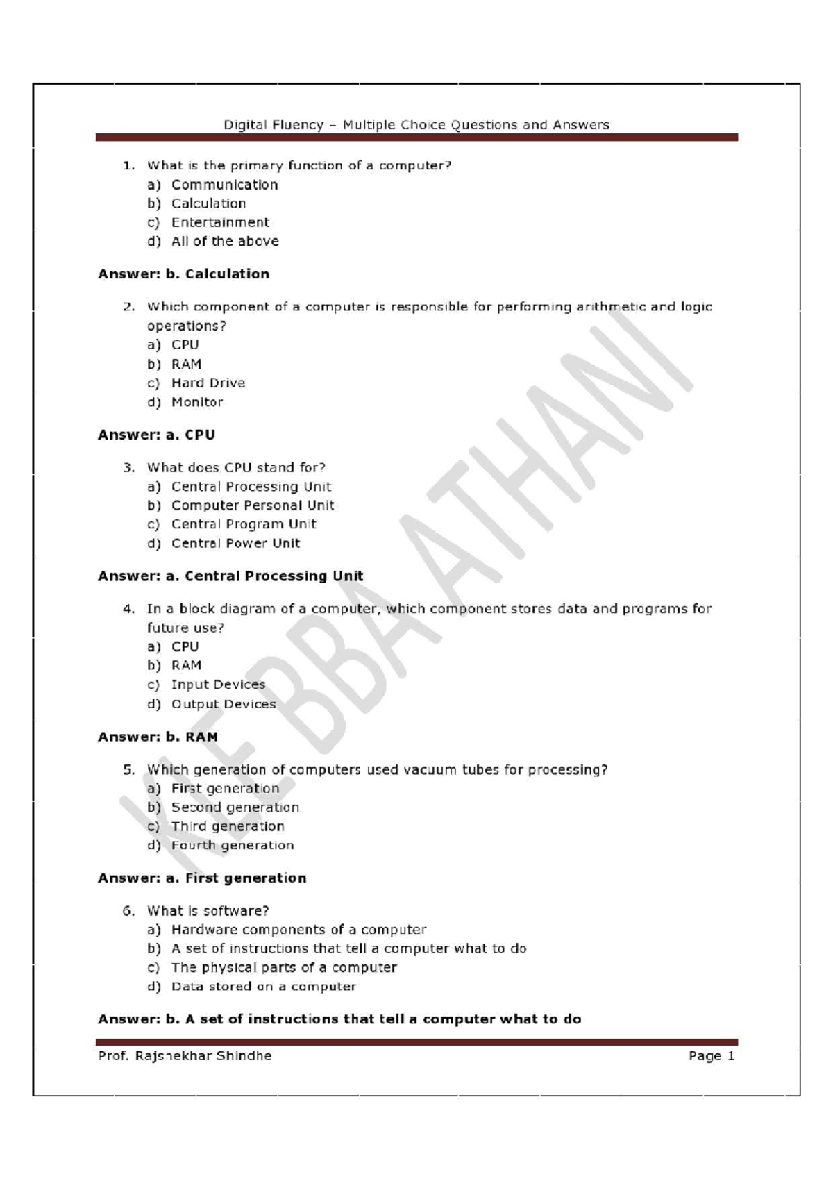 Digital Fluency MCQs&As - Bachelor of Computer Applications - Studocu