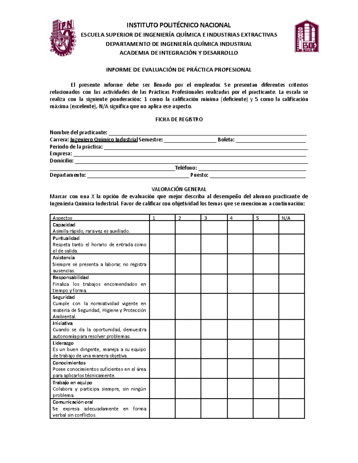 Evaluaci-N DE PR- Ctica Profesional - INSTITUTO POLITÉCNICO NACIONAL ESCUELA SUPERIOR DE ...