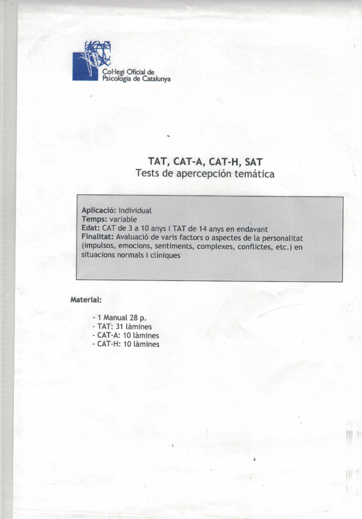 Manual y láminas TAT-CAT - tests proyectivos - Studocu