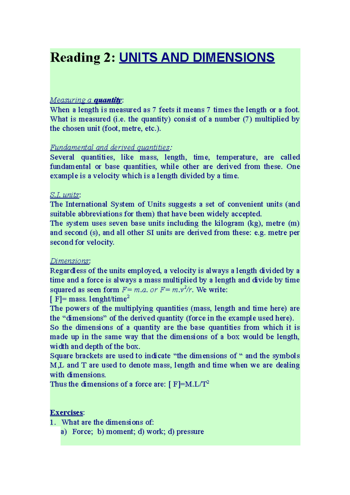 Reading 2 Units and diemnsions - Matematica Aplicada - SENATI - Studocu