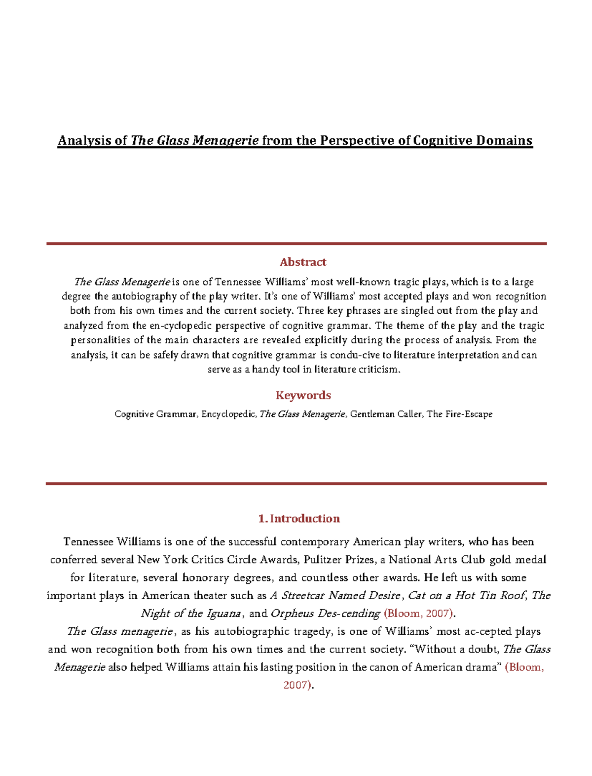 Analysis of The Glass Menagerie from the Perspective of Cognitive ...