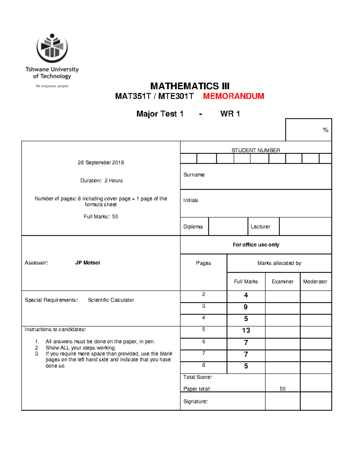 MAT351T-WR1 MEMO 2018 B - MATHEMATICS MAT351T MTE301T MEMORANDUM Major ...
